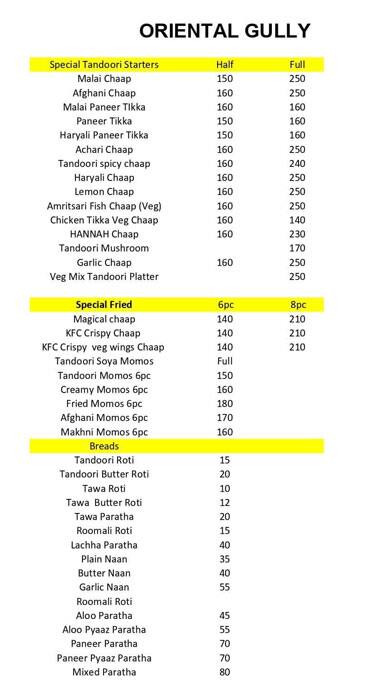 Menu of Oriental Gully, Karol Bagh, New Delhi
