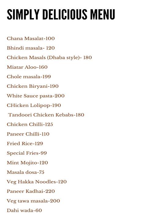 Menu of Simply Delicious, Mahim, Mumbai