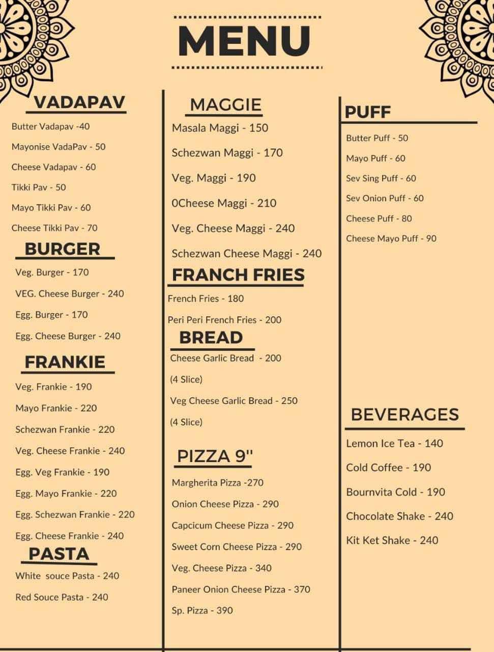 Menu of Friend's Cafe, Karelibaug, Vadodara