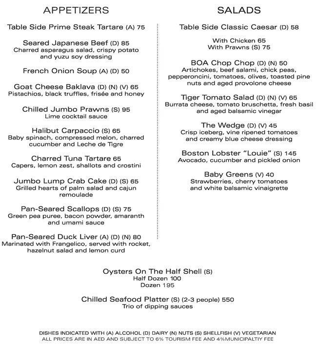 BOA Steakhouse Menu, Menu v reštaurácii BOA Steakhouse, Eastern ...