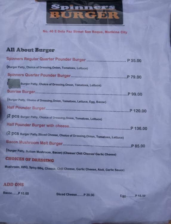 Carta del restaurante Spinners Burger, Mariquina, 46 E dela Paz St