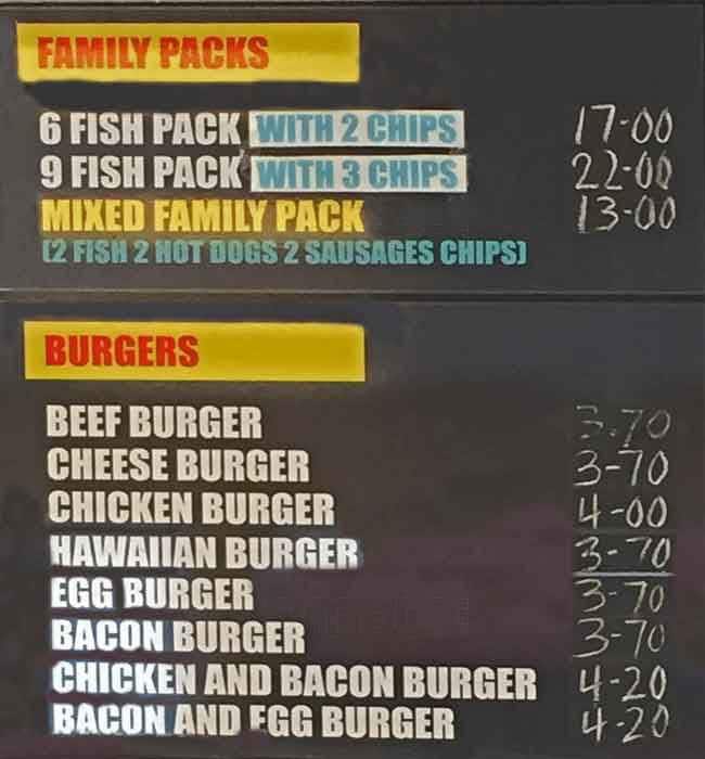 Menu at Fishtown Takeaways restaurant, Upper Hutt