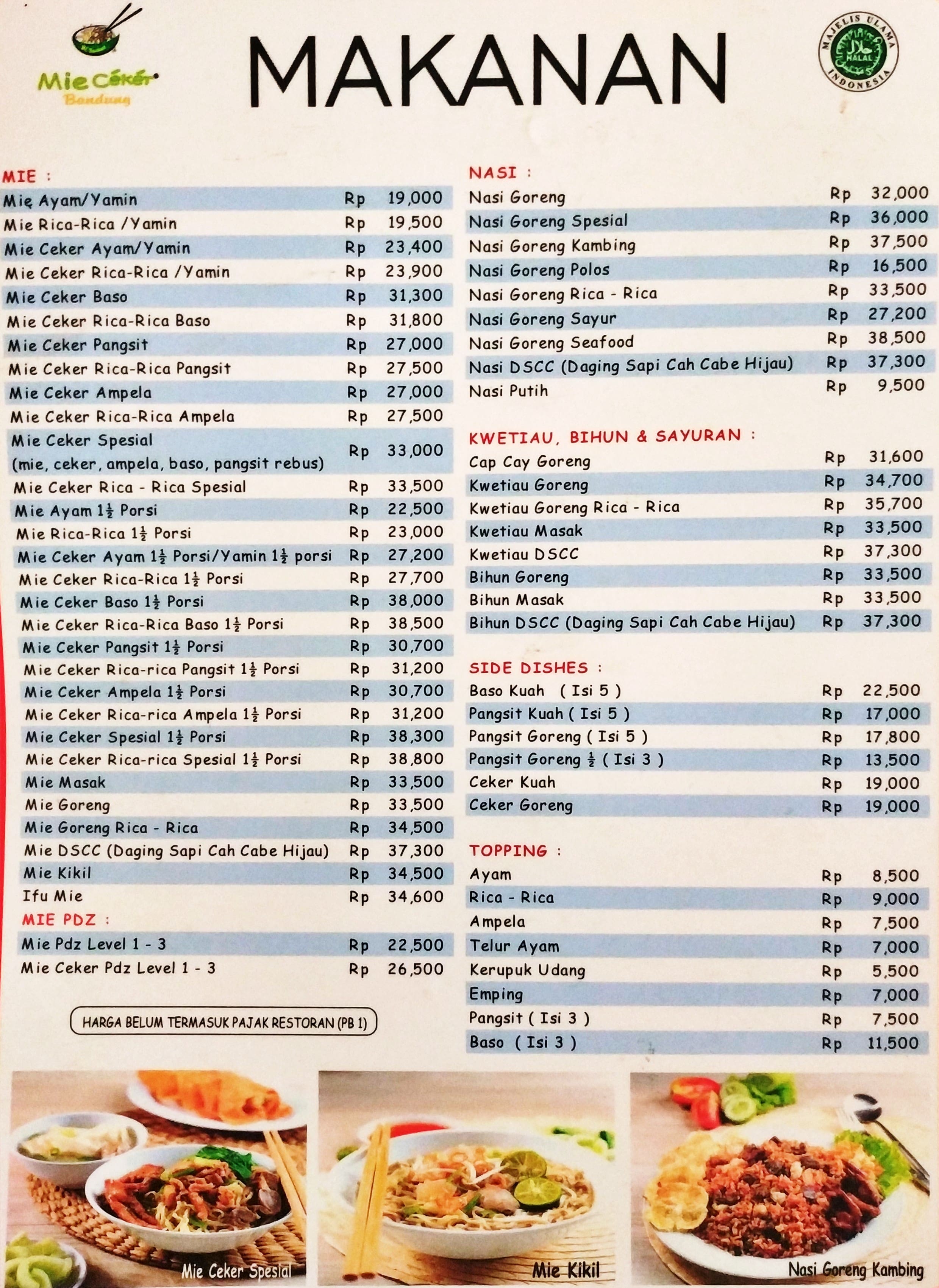 Menu at Mie Ceker Bandung restaurant, Jakarta, Jalan Adhyaksa 2 Raya No. 15