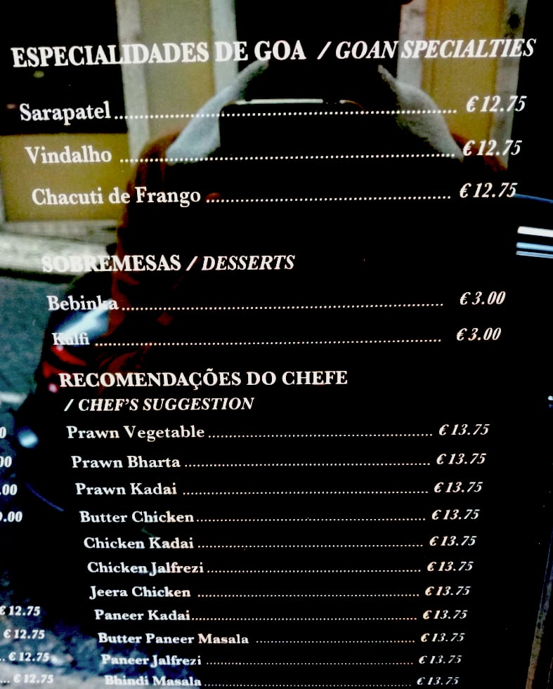 Menu at India Gate restaurant, Lisbon, Rua da Padaria 18