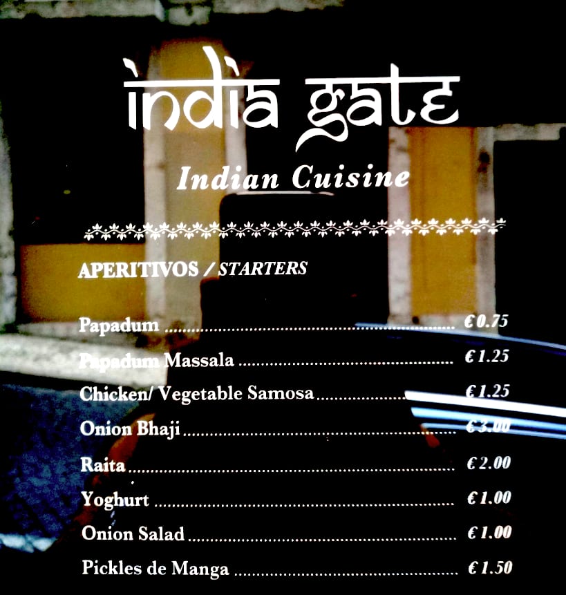 Menu at India Gate restaurant, Lisbon, Rua da Padaria 18