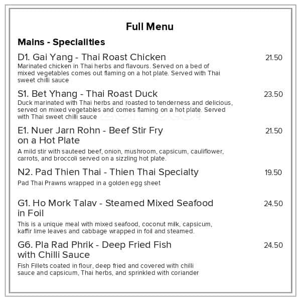 Menu at Thien Thai Restaurant, Napier, 105 Marine Parade