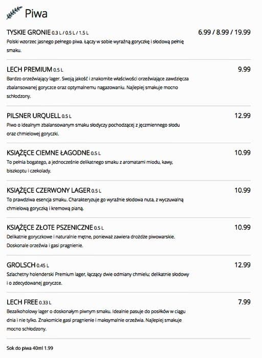 Menu at Chłopskie Jadło restaurant, Warsaw, Plac Konstytucji 1