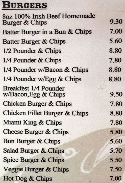 Menu at Miami Cafe, Dublin