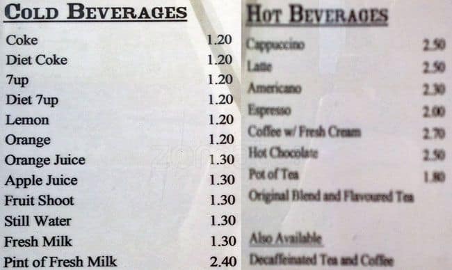 Menu at Miami Cafe, Dublin