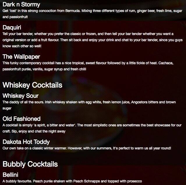 Menu at Dakota pub & bar, Dublin