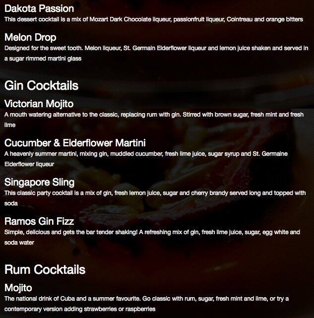 Menu at Dakota pub & bar, Dublin