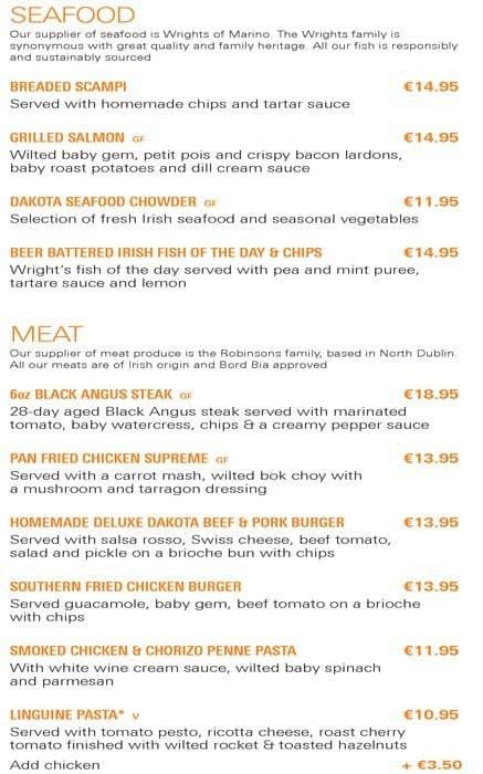 Menu at Dakota pub & bar, Dublin