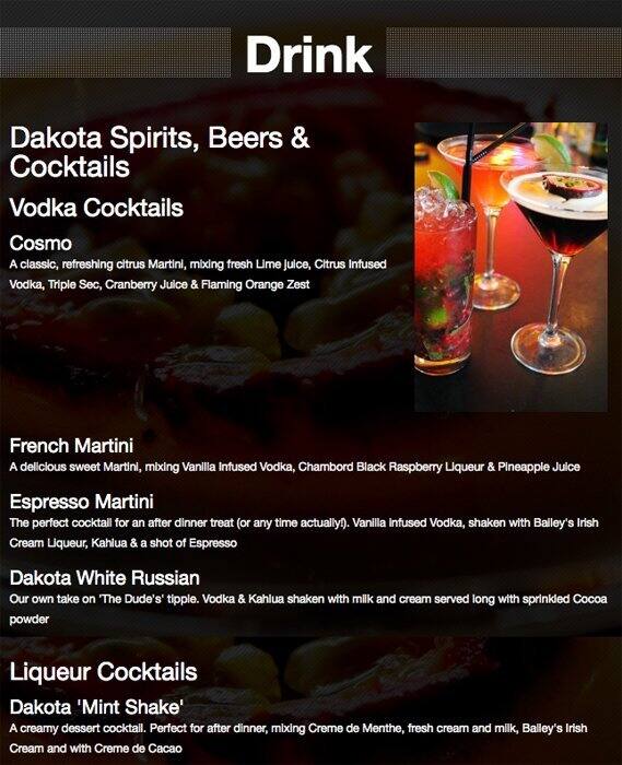 Menu at Dakota pub & bar, Dublin