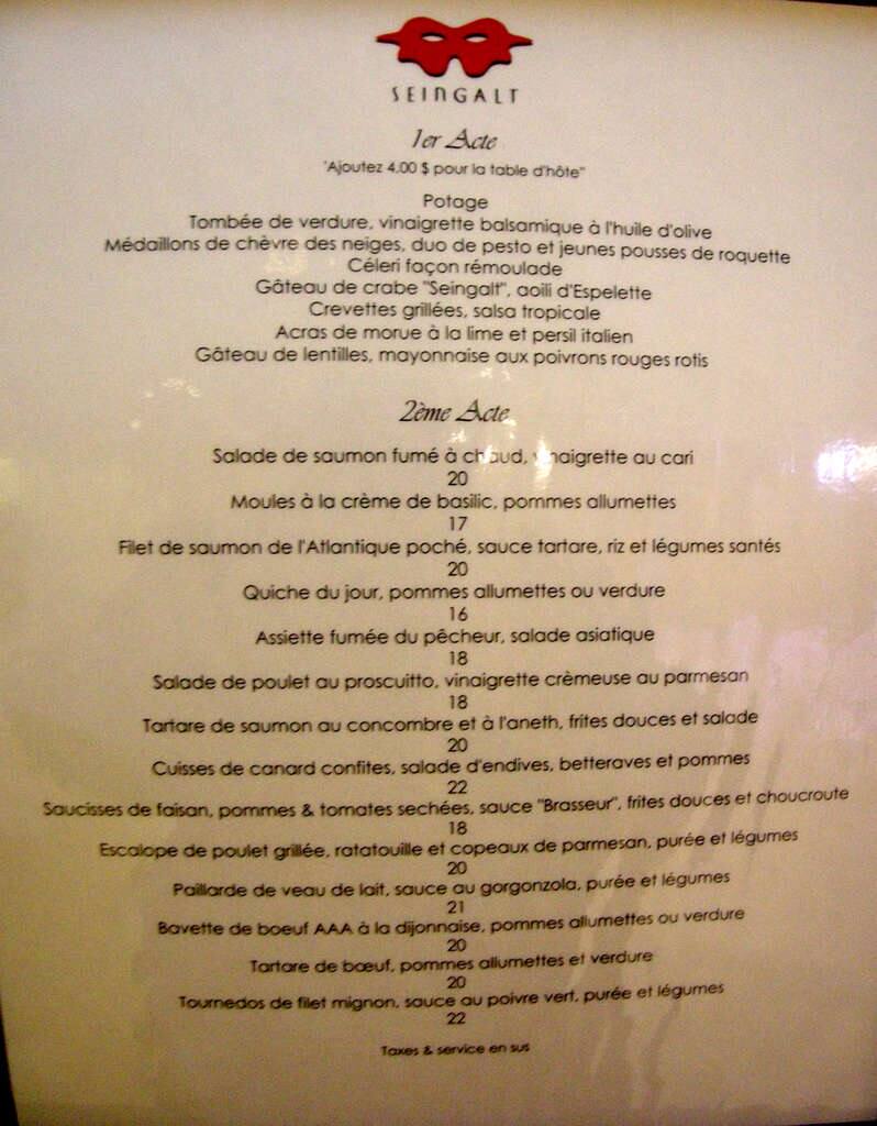 Menu at Restaurant Seingalt, Montreal