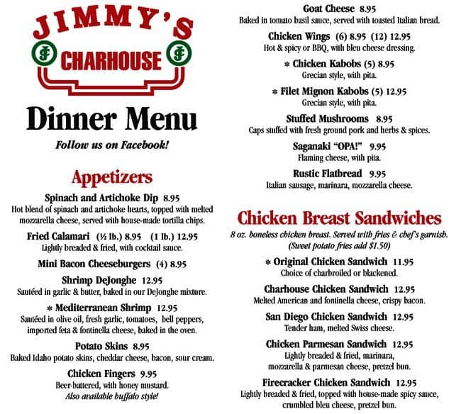 Menu at Jimmy's Charhouse steakhouse, Libertyville