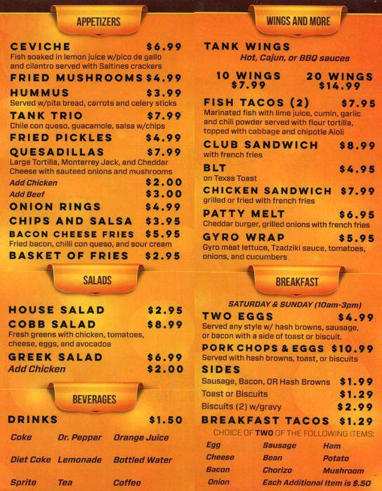 Menu at The Water Tank pub & bar, Austin