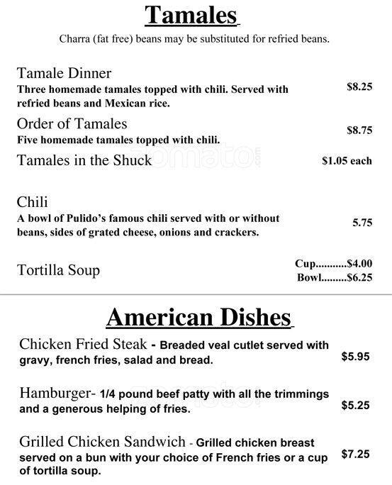 Menu at Cafe Pulido's, Arlington