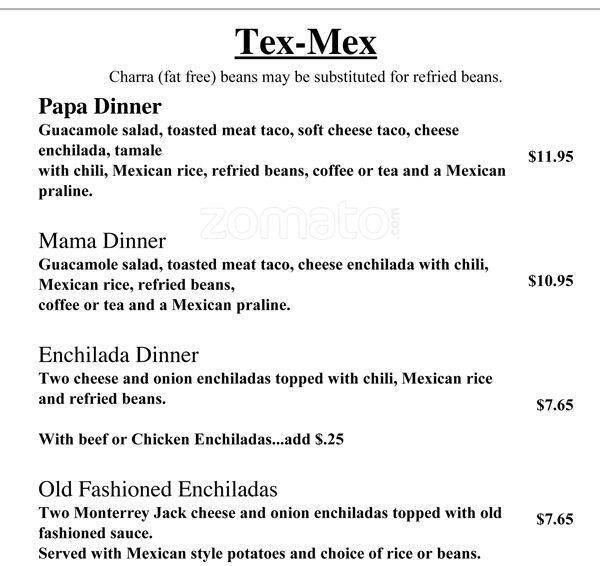 Menu at Cafe Pulido's, Arlington