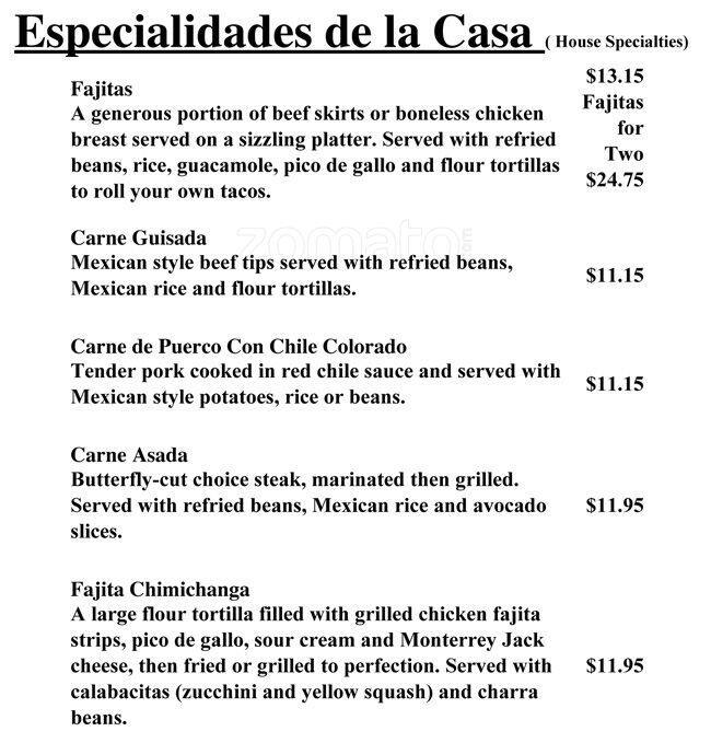 Menu at Cafe Pulido's, Arlington