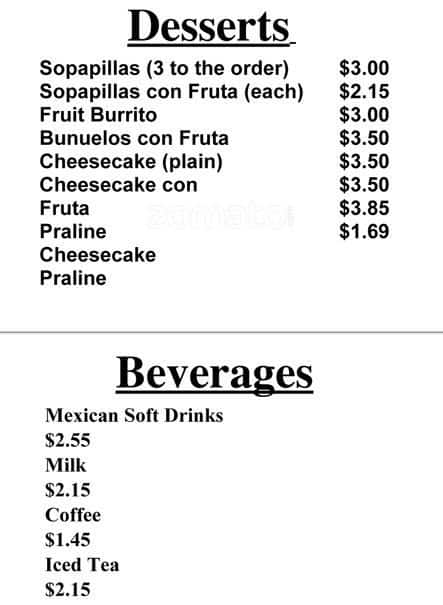 Menu at Cafe Pulido's, Arlington