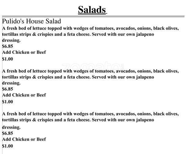 Menu at Cafe Pulido's, Arlington
