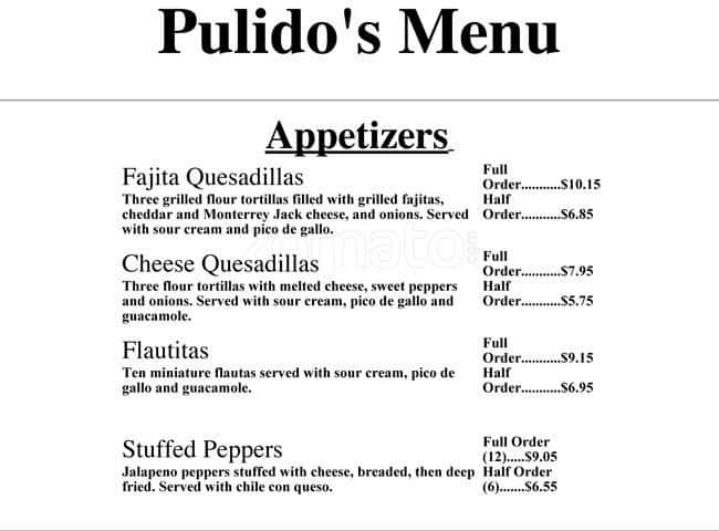 Menu at Cafe Pulido's, Arlington