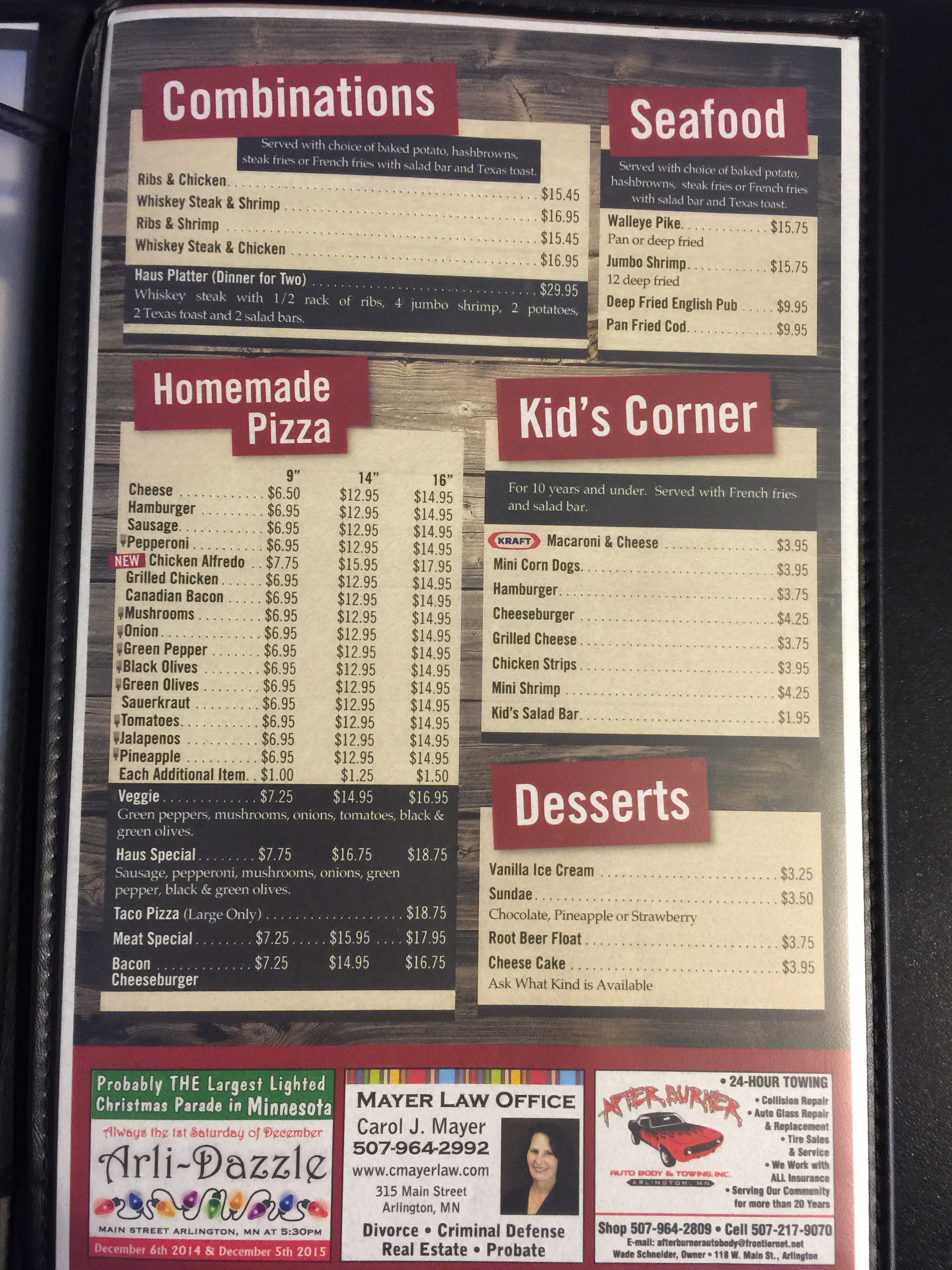 Menu at Arlington Haus pizzeria, Arlington