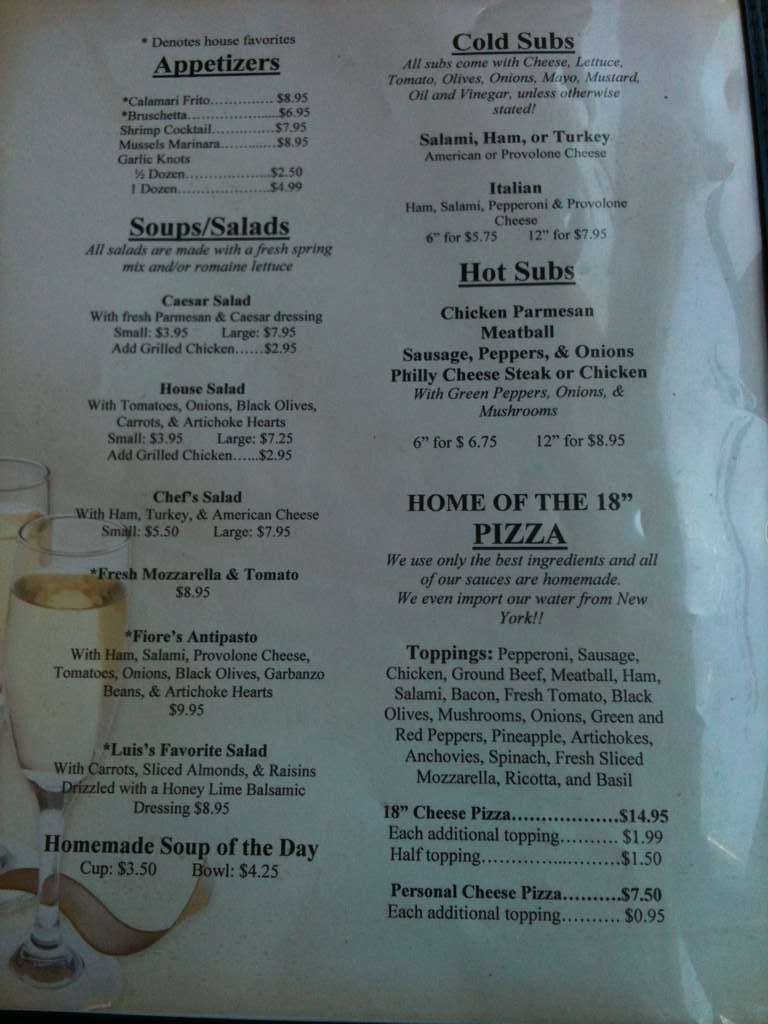 Menu at Fiore's restaurant, Ocala, 207 S Pine Av