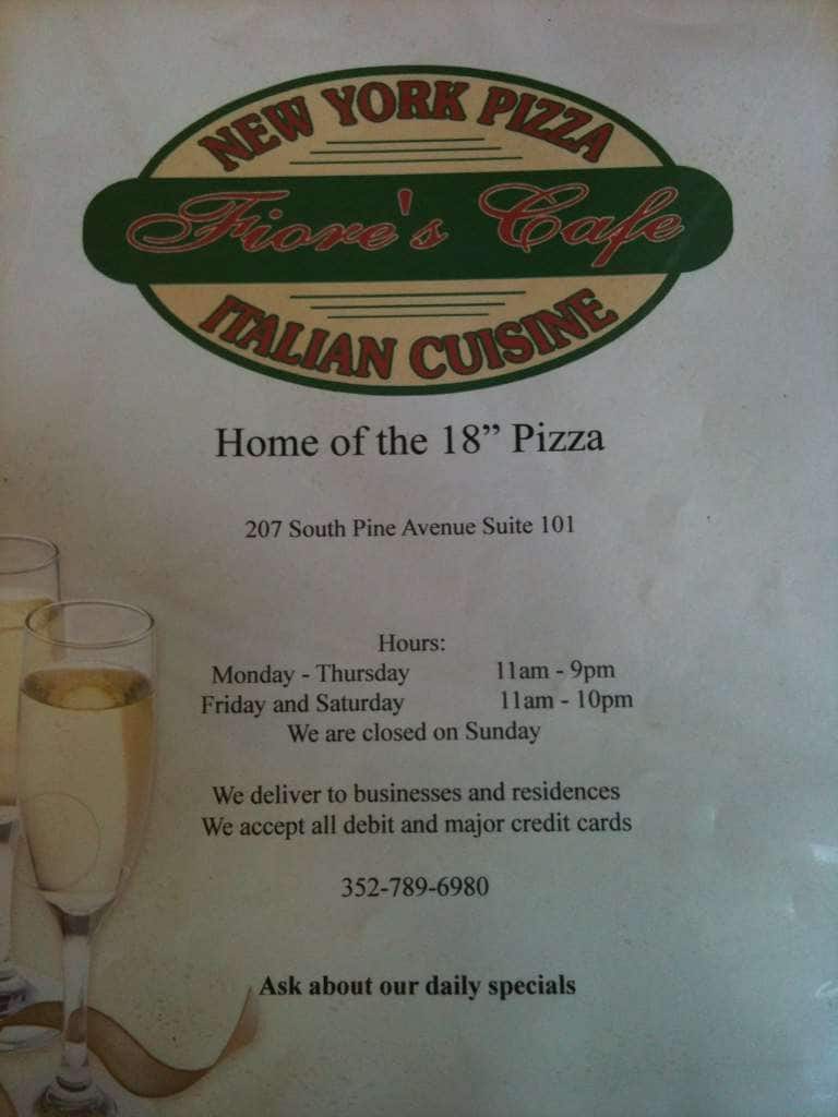 Menu at Fiore's restaurant, Ocala, 207 S Pine Av