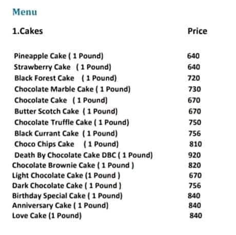 Menu of The Cake Cafe, Shyam Nagar, Jaipur