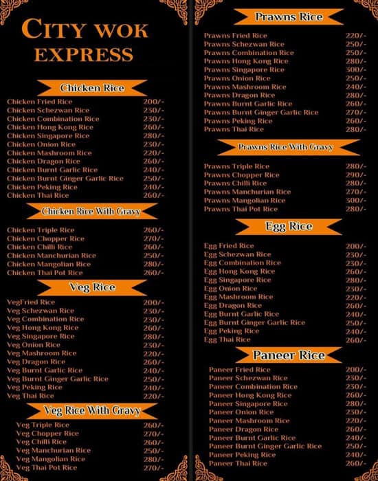 Menu of City Wok Express, Bandra East, Mumbai
