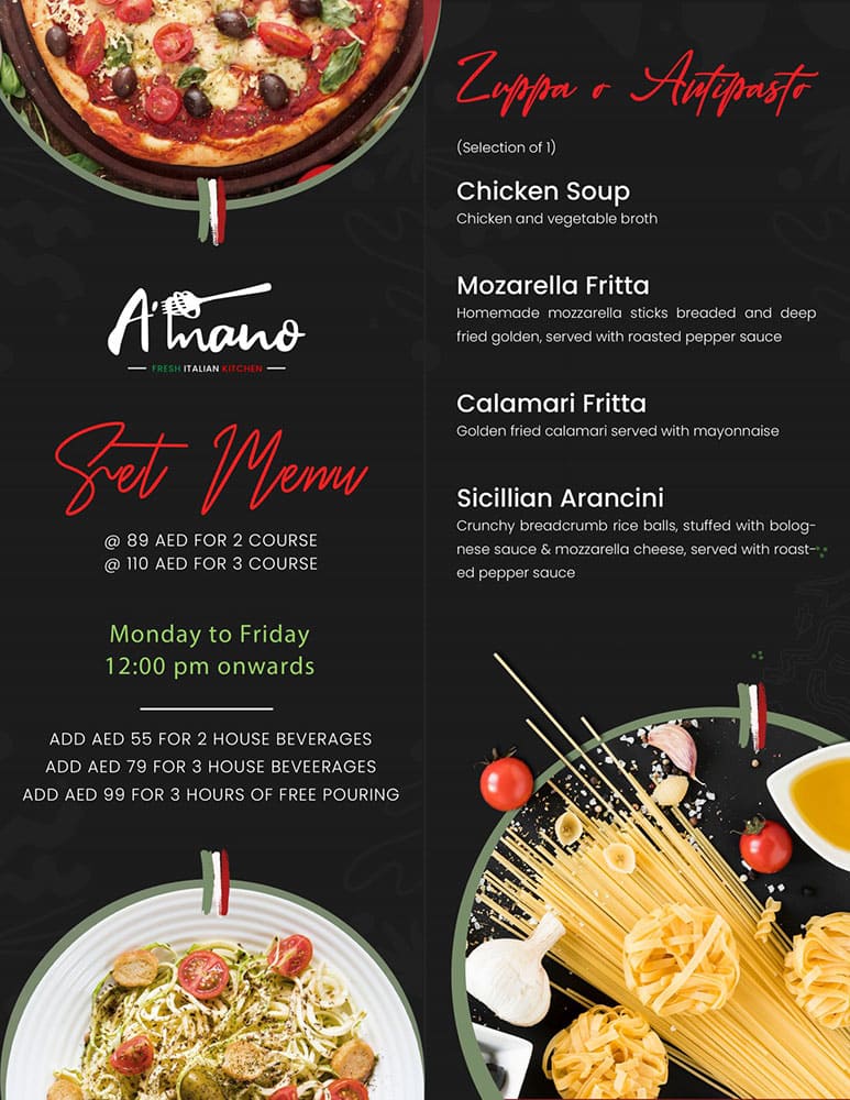 Menu of Amano, Eastern Mangroves, Abu Dhabi