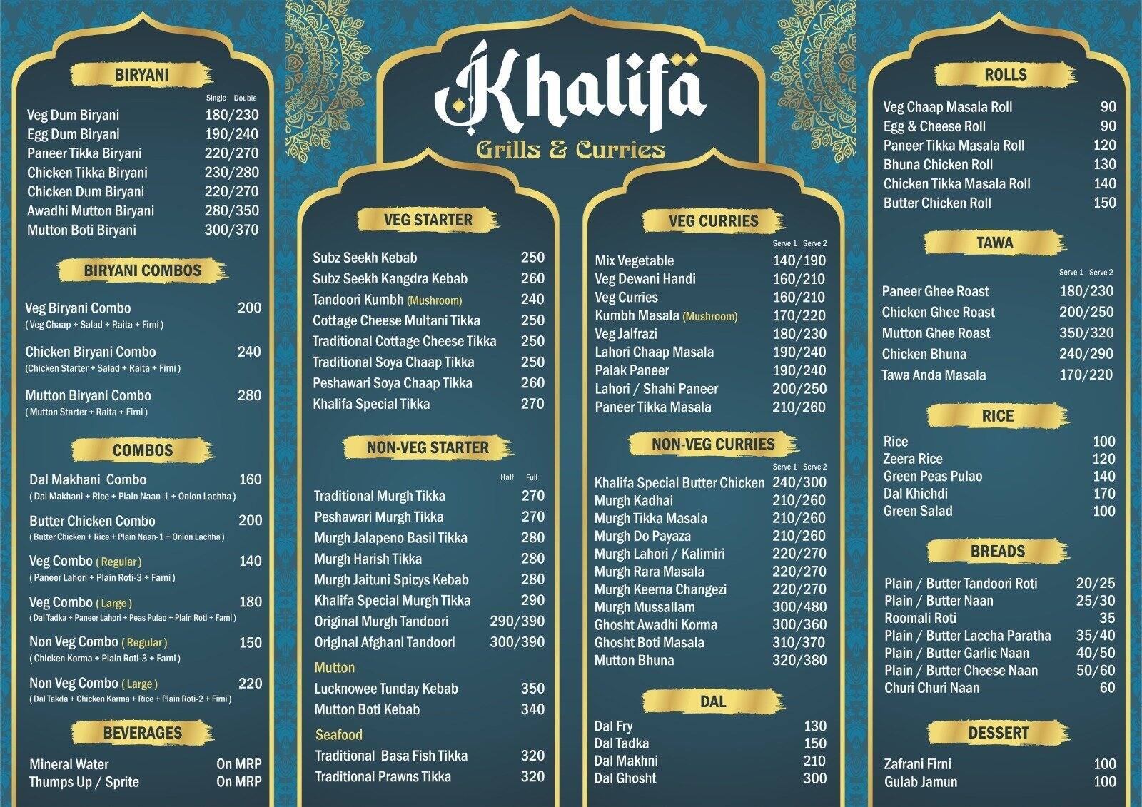 Menu of Khalifa Grills & Curries, Kharghar, Navi Mumbai