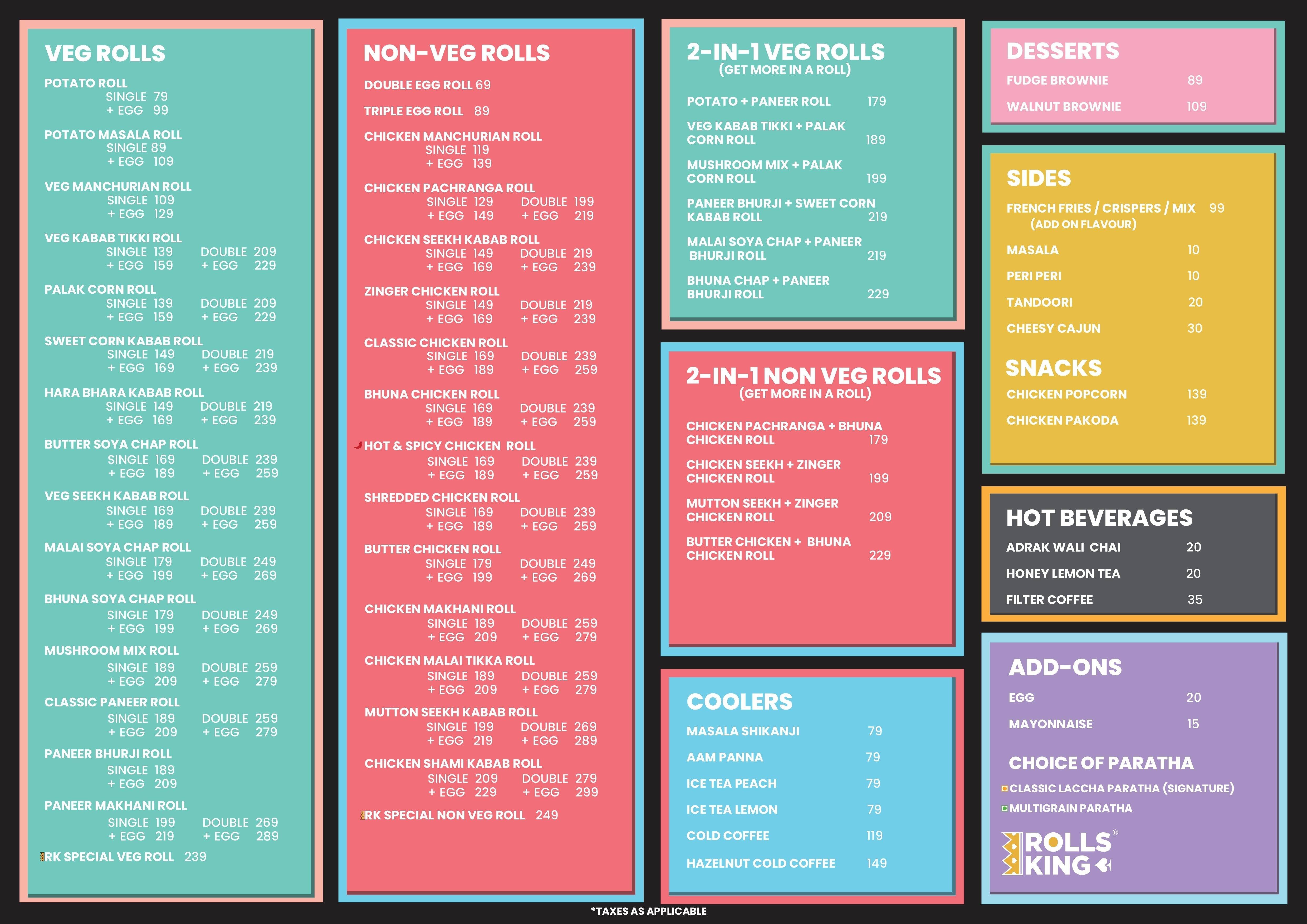 Menu of RollsKing, Sector 62, Noida