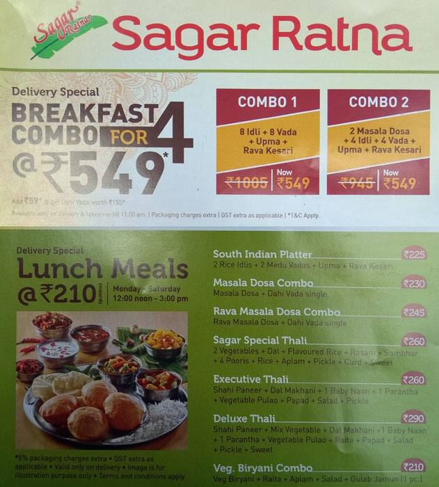 Menu at Sagar ratna, New Delhi, Vasant Square Mall