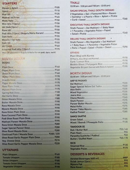 Menu at Sagar ratna, New Delhi, Vasant Square Mall