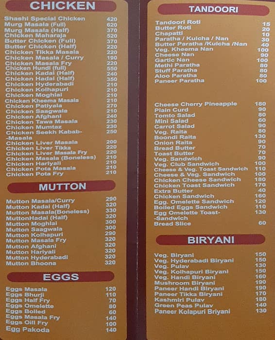 Menu at Shashi Restaurant And Bar, Mumbai, 4VC7+6JG