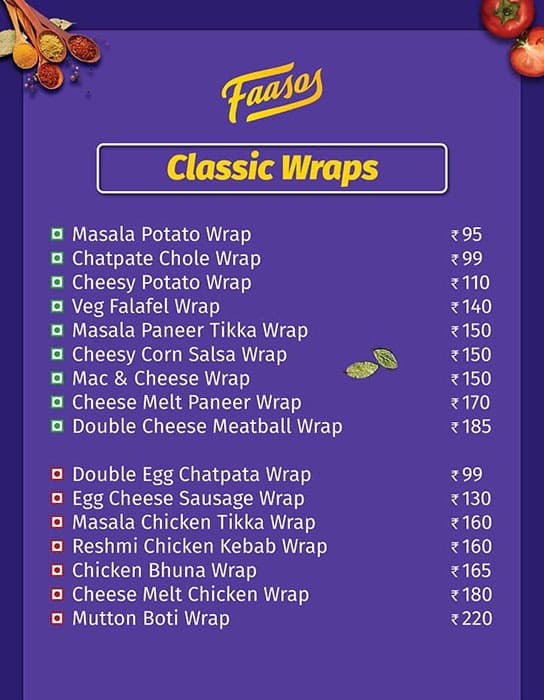 Menu of Faasos - Wraps, Rolls & Shawarma, Marathahalli, Bangalore