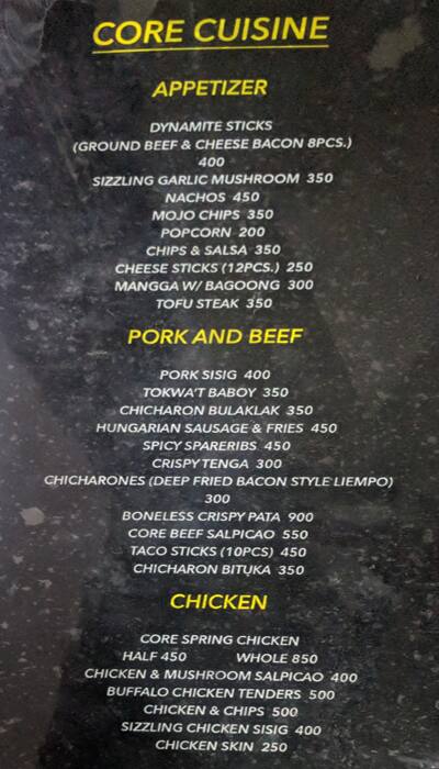 Menu at CORE club, Quezon City