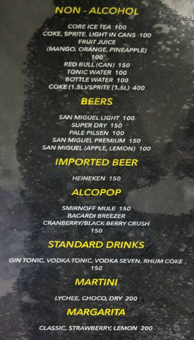 Menu at CORE club, Quezon City