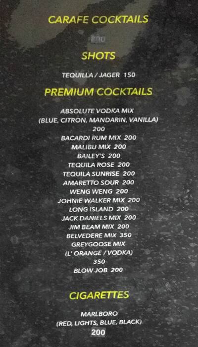 Menu at CORE club, Quezon City