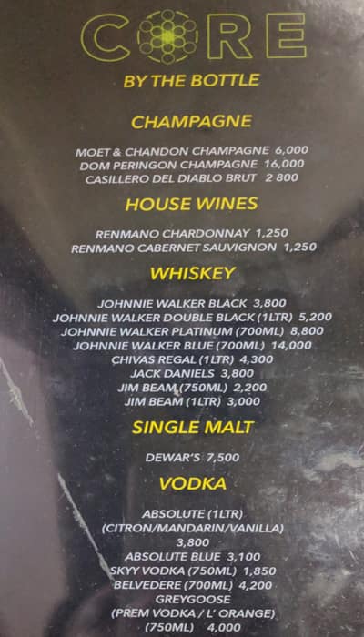 Menu at CORE club, Quezon City