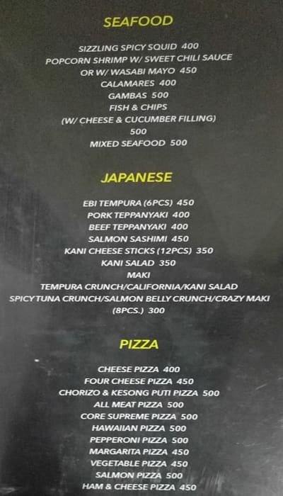Menu at CORE club, Quezon City