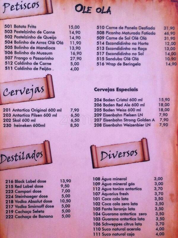 Menu at Bar Ole ola, Brasília