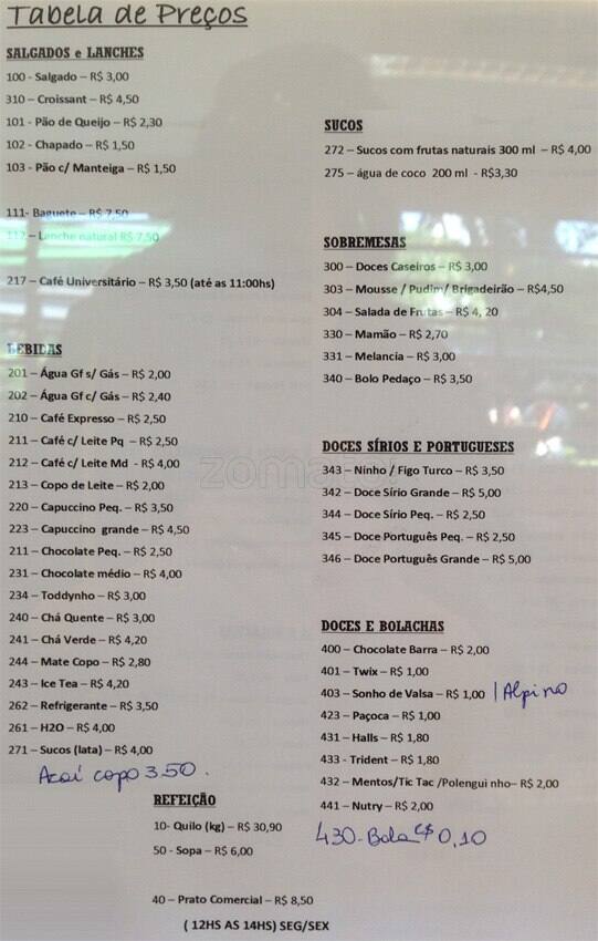 Menu at Sweden cafe, São Paulo, Unesp