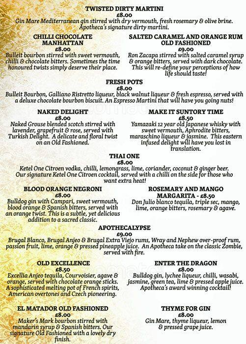 Apotheca Menu, Menu for Apotheca, Northern Quarter, Manchester - Zomato UK