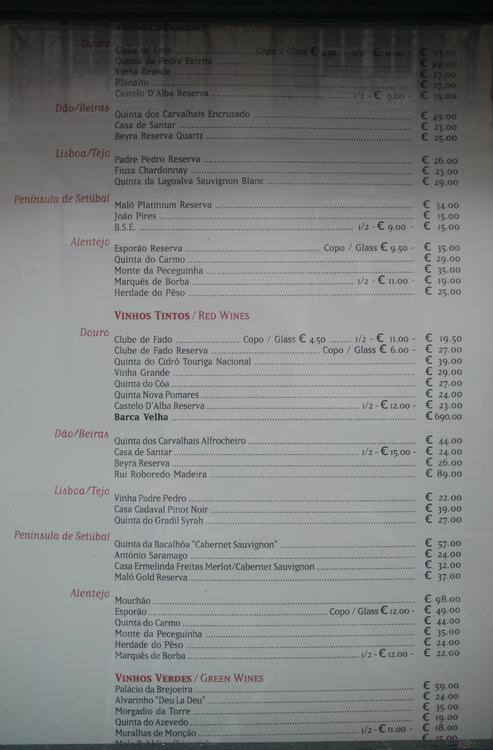 Menu at Clube de Fado, Lisbon