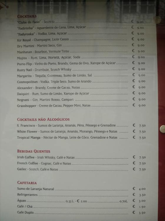 Menu at Clube de Fado, Lisbon