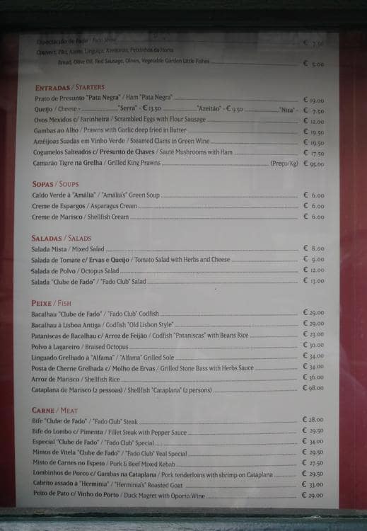 Menu at Clube de Fado, Lisbon