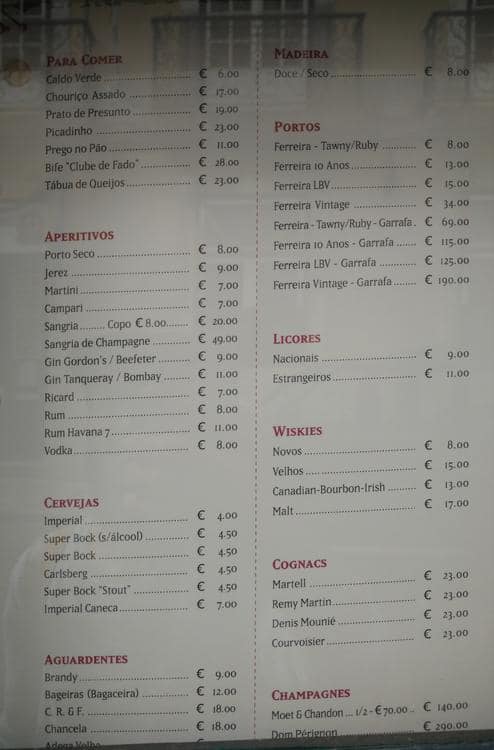 Menu at Clube de Fado, Lisbon